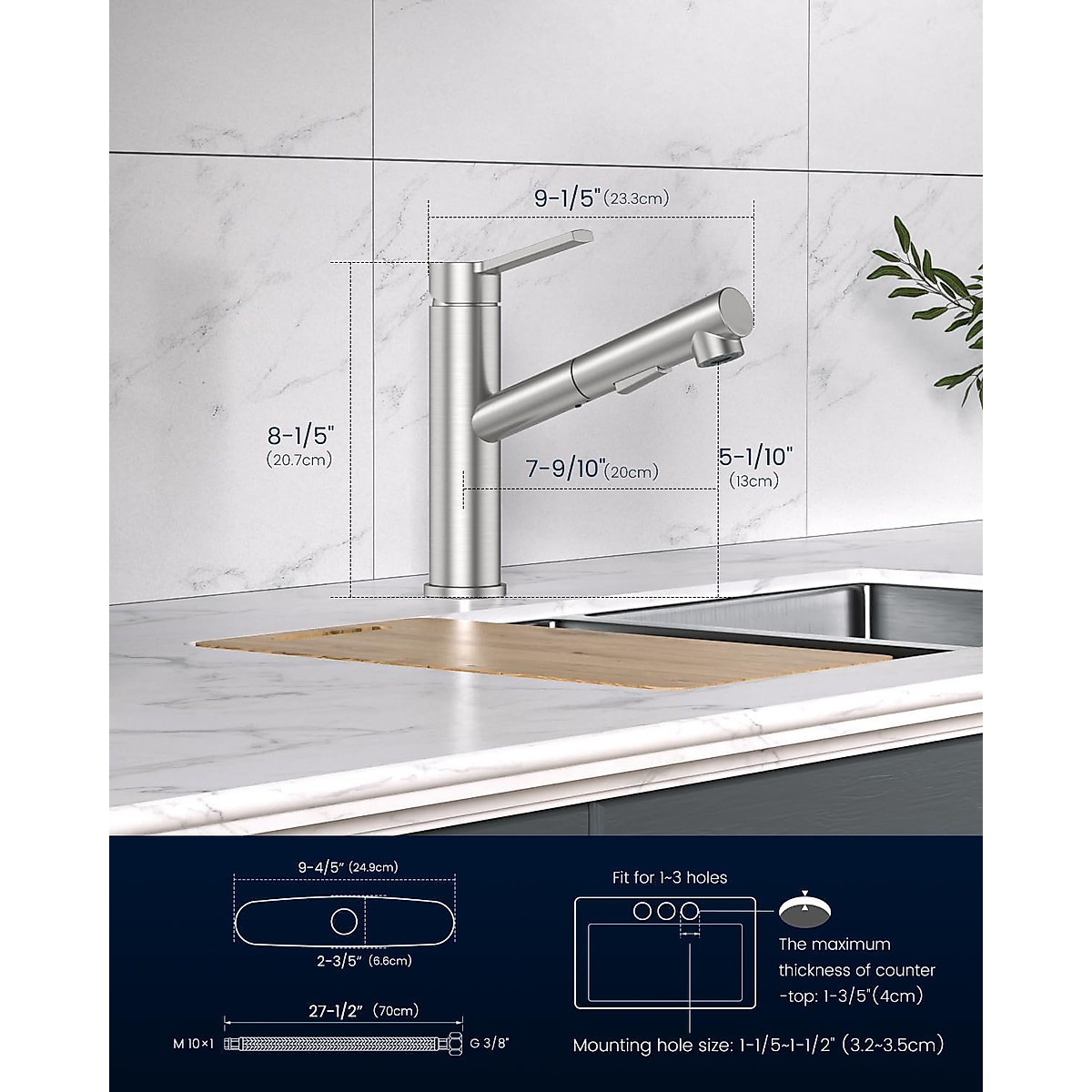 DAYONE Modern Bar Kitchen Faucet with Pull-out Sprayer Brushed Nickel, RV Single Handle Kitchen Sink Faucets Low Arc Stainless Steel, with Deck Plate for 1 3 Holes Sink Install 2 Modes and 360° Swivel