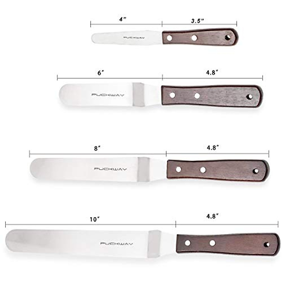 PUCKWAY Offset Cake Icing Spatula Set of 4- Professional Stainless Steel Cake Decorating Frosting Spatulas, 4"-6"-8"-10" Flexible Resistant Blade, Wooden Handle For Easy Grip