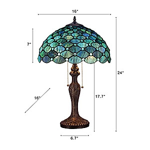 ZJART Tiffany Lamp Blue Stained Glass Peal Bead Style Reading Table Lamp W16H24 Inch Bedside Nightstand Desk Work Study Desktop Light Decor Home Kids Bedroom Living Room Office Pull Chain Switch