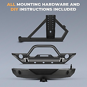 FINDAUTO Rront Bumper and Rear Bumper w/Tire Carrier Compatible for 2007-2018 for Jeep Wrangler JK with D-ring Winch Plate