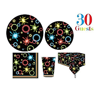 Serves 30 Complete Party Pack Neon Glow Party Supplies 9" Dinner Paper Plates 7" Dessert Paper Plates 9 oz Cups 3 Ply Napkins 1 Table Cover Size: 54" x 108" Neon Glow Party Theme