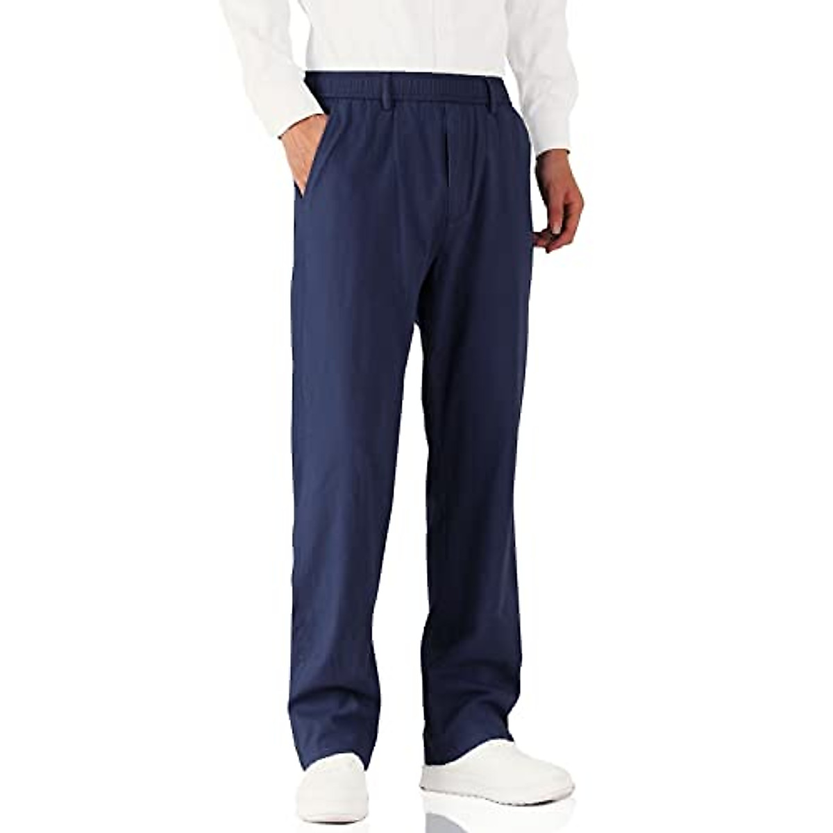 Soojun Men's Relaxed Fit Elastic Waist Drawstring Cotton Linen Pants, Navy, 30W x 32L