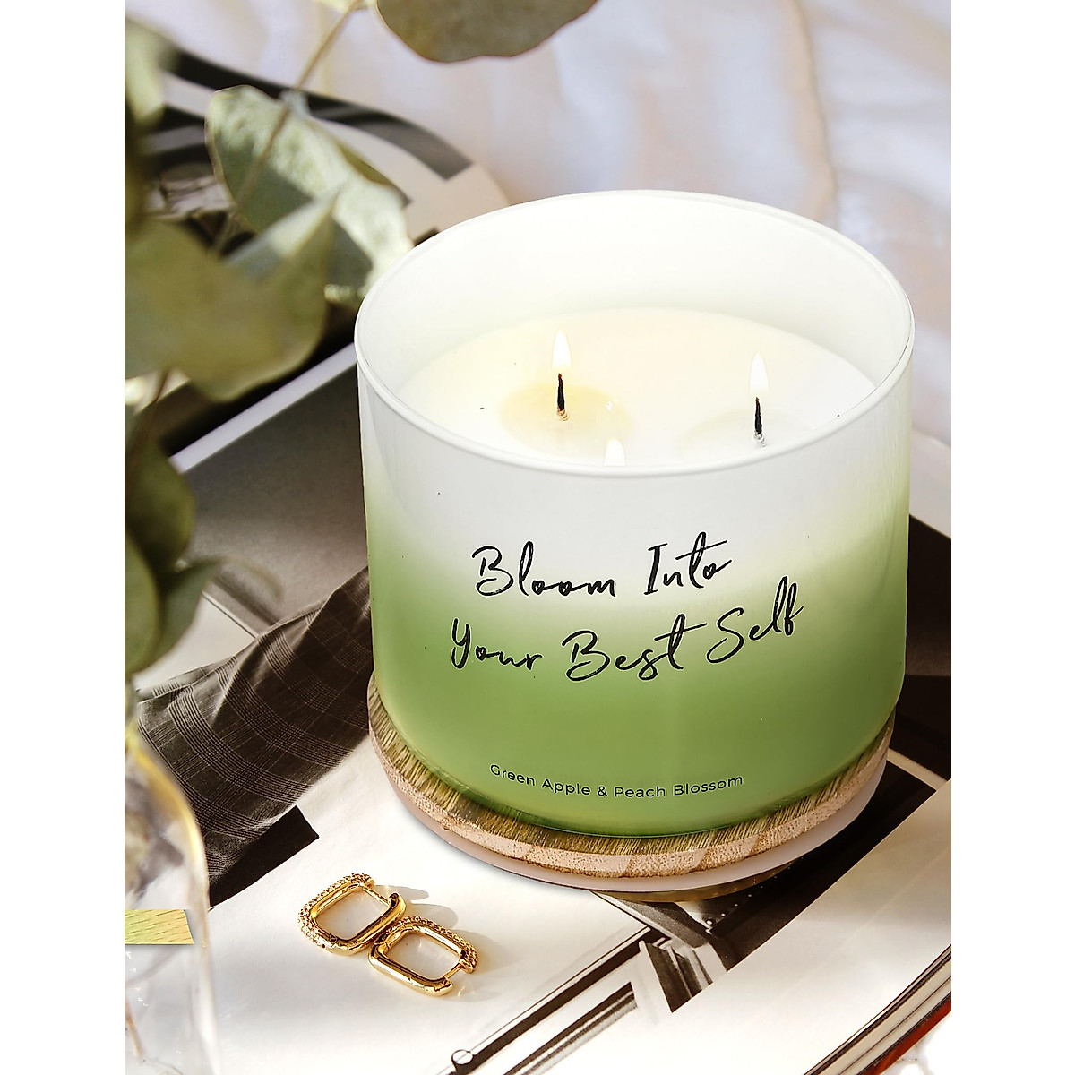 Green Apple Peach Blossom Candle | Natural Soy 3-Wick Scented Candle Large 15.8 oz | Apple Scented Candle | Bloom Into Your Best Self Holiday Candle Gifts, Aromatherapy Relaxing Candle for Women & Men