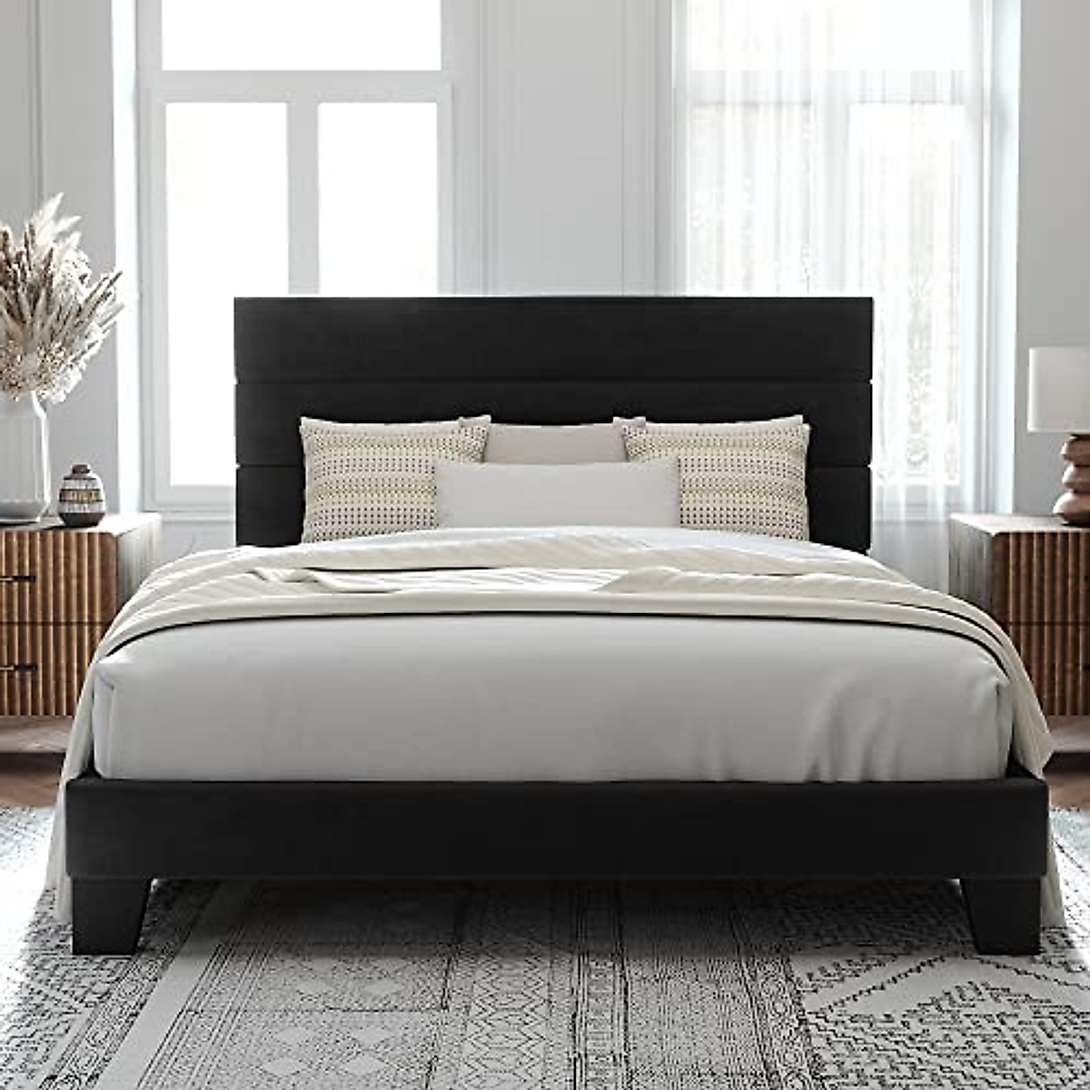 Allewie Queen Size Platform Bed Frame with Velvet Upholstered Headboard and Wooden Slats Support, Fully Upholstered Mattress Foundation/No Box Spring Needed/Easy Assembly, Black