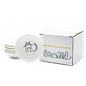BigNoseDeer Super Cute Cat Ceramic Sauce Dish,Mini Side Seasoning Dish,Condiment Dishes,Sushi Soy Dipping Bowl,Snack Serving Dishes,Meow Porcelain Small Saucer Set(Set of 6)