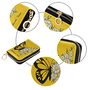 MOYYO RFID Credit Card Holder Case Beautiful Butterfly Daisy Flowers Leather Printed Zipper Card Case Wallet for Women Girls