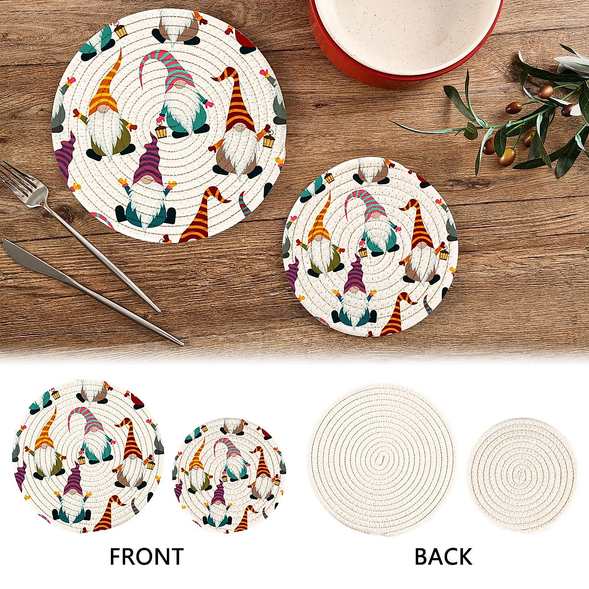 Christmas Potholders Set Trivets Set of 2, Christmas Gnomes Seamless Round Woven Pot Holder Set Coasters Hot Pads Hot Mats