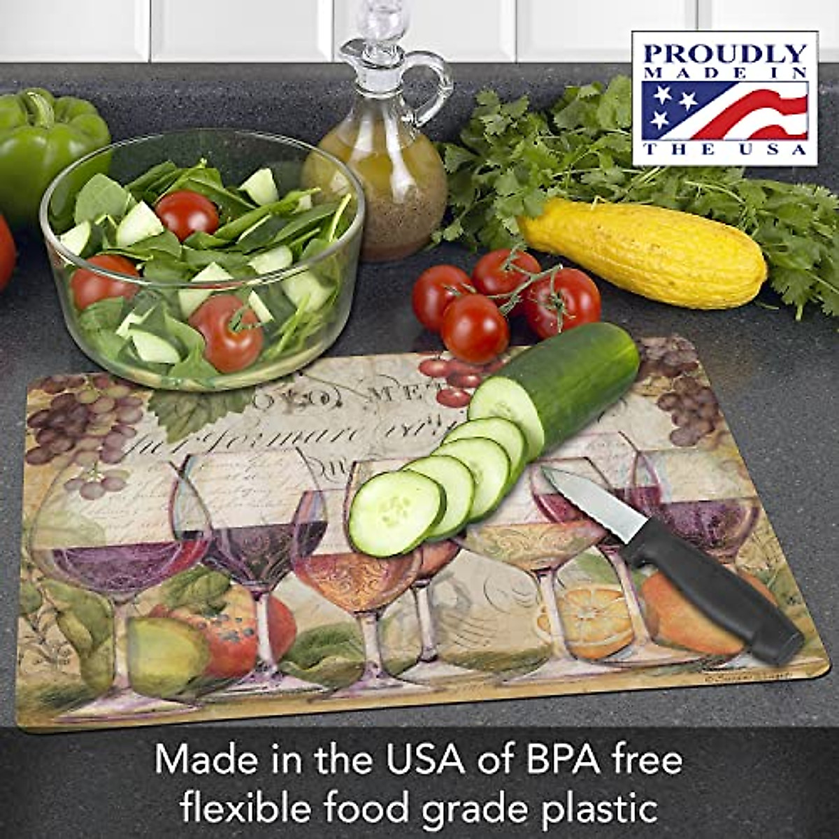 Cut N' Funnel Wine Country Designer Flexible Plastic Cutting Board Mat. Made in the USA, Decorative, Flexible, Easy to Clean