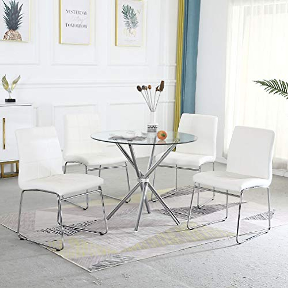 Dining Table Set for 4, Modern Kitchen Table and Chairs Set for Small Space, Round Glass Dining Room Table and Faux Leather Dining Chairs Dining Room Set of 5 Pieces - White