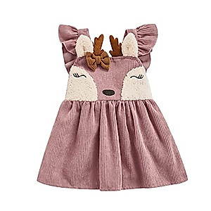 VISGOGO 0-3Y Princess Infant Baby Girls Dress Corduroy Ruffles Sleeve Deer Cartoon Printed Bow A-Line Mini Dress (Pink, 12-18 Months)