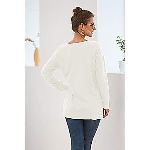 Jouica Women's Casual V Neck Long Sleeve Knit Top Loose Pullover Sweater,Beige White,Large