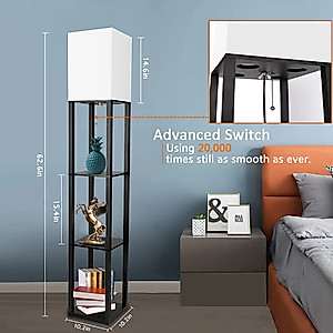 Wishwill Floor Lamp with Shelves, Modern Standing Shelf Lamp with 3 CCT LED Bulb and White Shade for Living Room Bedroom and Office-Black