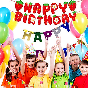 MEETINGU Strawberry Happy Birthday Banner, Strawberry Themed Birthday Party Decoration, Berry Sweet Girl Party Decoration