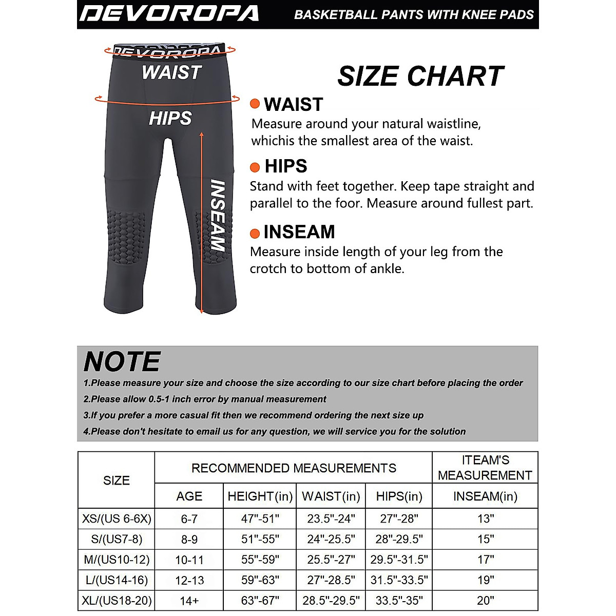DEVOROPA Youth Boys' Compression Pants with Knee Pads 3/4 Basketball Athletic Tights Quick Dry Sports Workout Leggings Royal XL