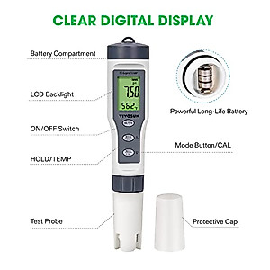 VIVOSUN 3-in-1 Digital pH Meter with ATC, ±0.1 pH Accuracy Water Quality Tester, 0-14.0 pH Measurement Range for Hydroponics, Household Drinking, Pool and Aquarium