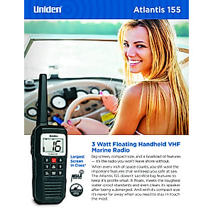Uniden Atlantis 155 Handheld Two-Way VHF Marine Radio, Floating IPX8 Submersible Waterproof, Dual-Color Screen, All USA/International/Canadian Marine Channels, NOAA Weather Alert, 10 Hour Battery