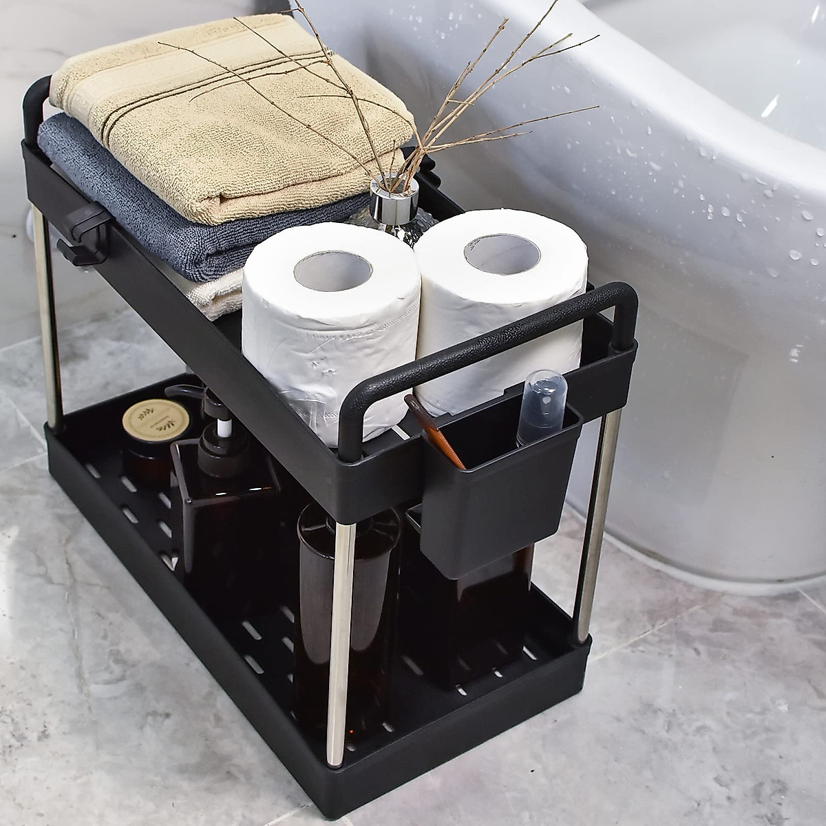 CAPHONT Under Sink Organizer Shelf 2 Pack, 2 Tier Under Bathroom Sink Organizers and Storage Multifunctional Under Cabinet Storage Rack with 8 Hooks & 2 Hanging Cups for Laundry Kitchen, Black