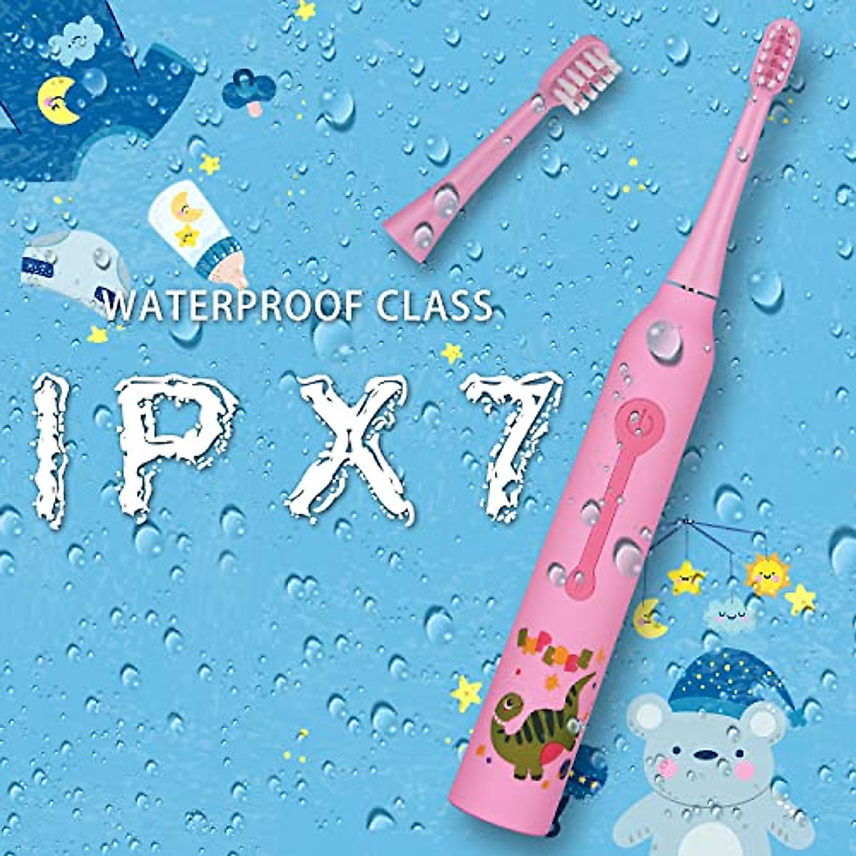7AM2M Kids Electric Toothbrushes with 4 Brush Heads, 3 Modes with Memory, IPX7 Waterproof, 2 Minutes Build-in Smart Timer, Baby Kids Toothbrushes Suitable Age 3+ (Pink)