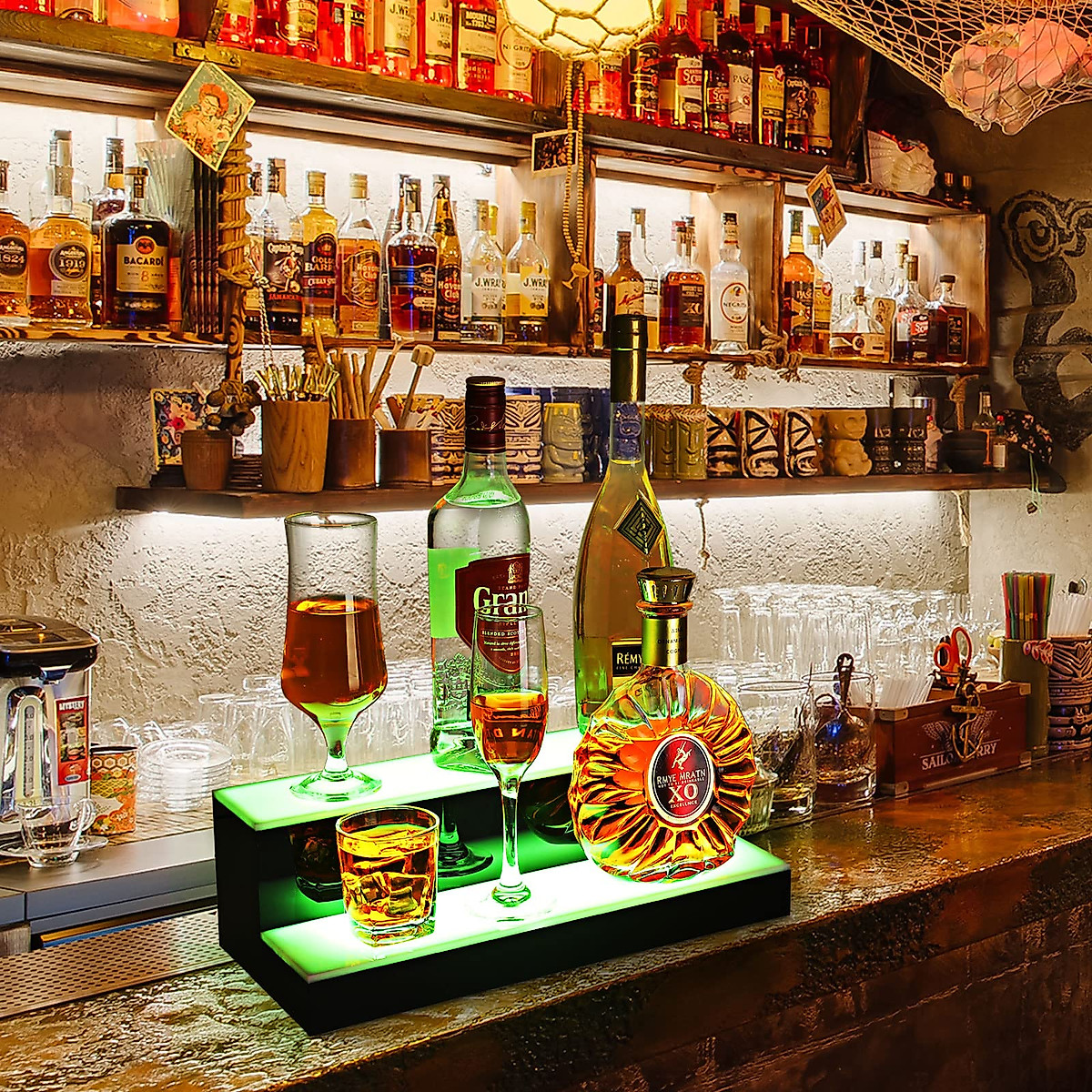 16 Inch LED Lighted Liquor Bottle Display Shelf 2 Step Illuminated Bar Bottle Shelf Lighted Bar Stand Acrylic Mounted Wine Racks for Commercial Home Bar Bottle Lighting Shelves with Remote Control