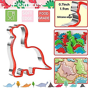 KAISHANE Dinosaur Cookie Cutters Set, 5 PCS Dinosaur Biscut Cutters Set Stainless Steel with Soft PVC Edge for Baking Fondant Cake Molds