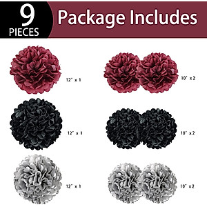 9PCS Maroon Burgundy Black Silver Tissue Paper Flowers Hanging Pom Poms Wall Backdrop Streamers for Graduation Bridal Wedding Shower Bachelorette Retirement Party Décor