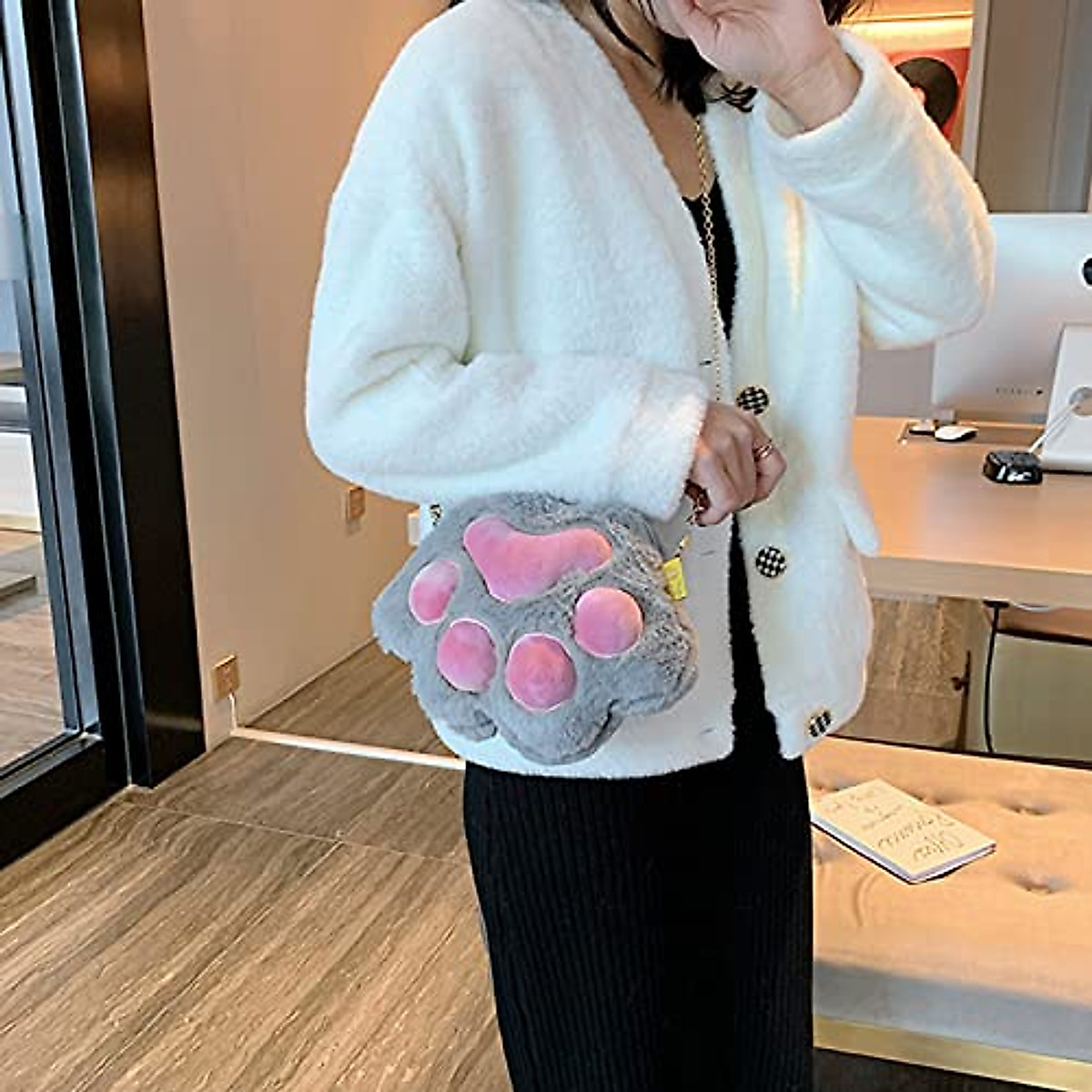 Cute Cat Paw Claw Plush Crossbody Bag for Women Girls Chic Wallet Cellphone Pouch Purse Handbag Soft Fluffy Fur Shoulder Tote (Grey Claw)