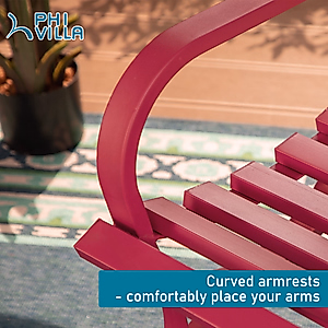 PHI VILLA Outdoor Garden Bench, 48” Long Metal Steel Bench with Backrest and Armrests, Modern Slatted Design for Patio, Lawn, Balcony, Yard, Porch and Indoor - Red