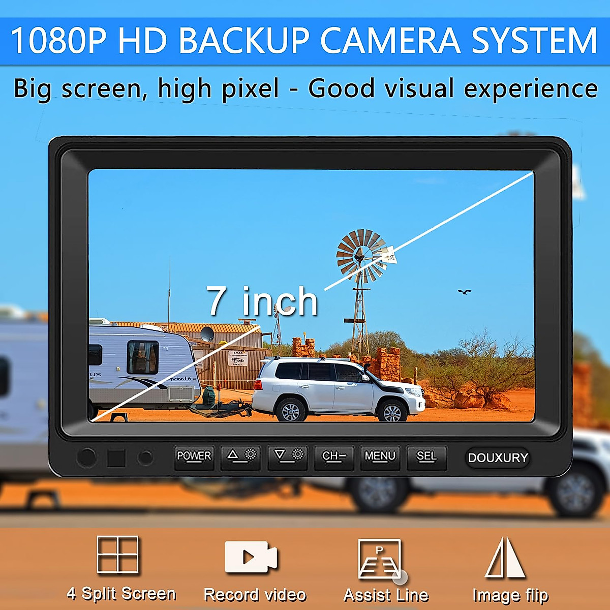 RV Backup Camera System with 7'' Quad Split 1080P Monitor for Truck Trailer Semi Camper Bus & 4 AHD Rear Side View Camera with DVR Record Function IP69 Waterproof Night Vision Avoid Blind Spot DOUXURY