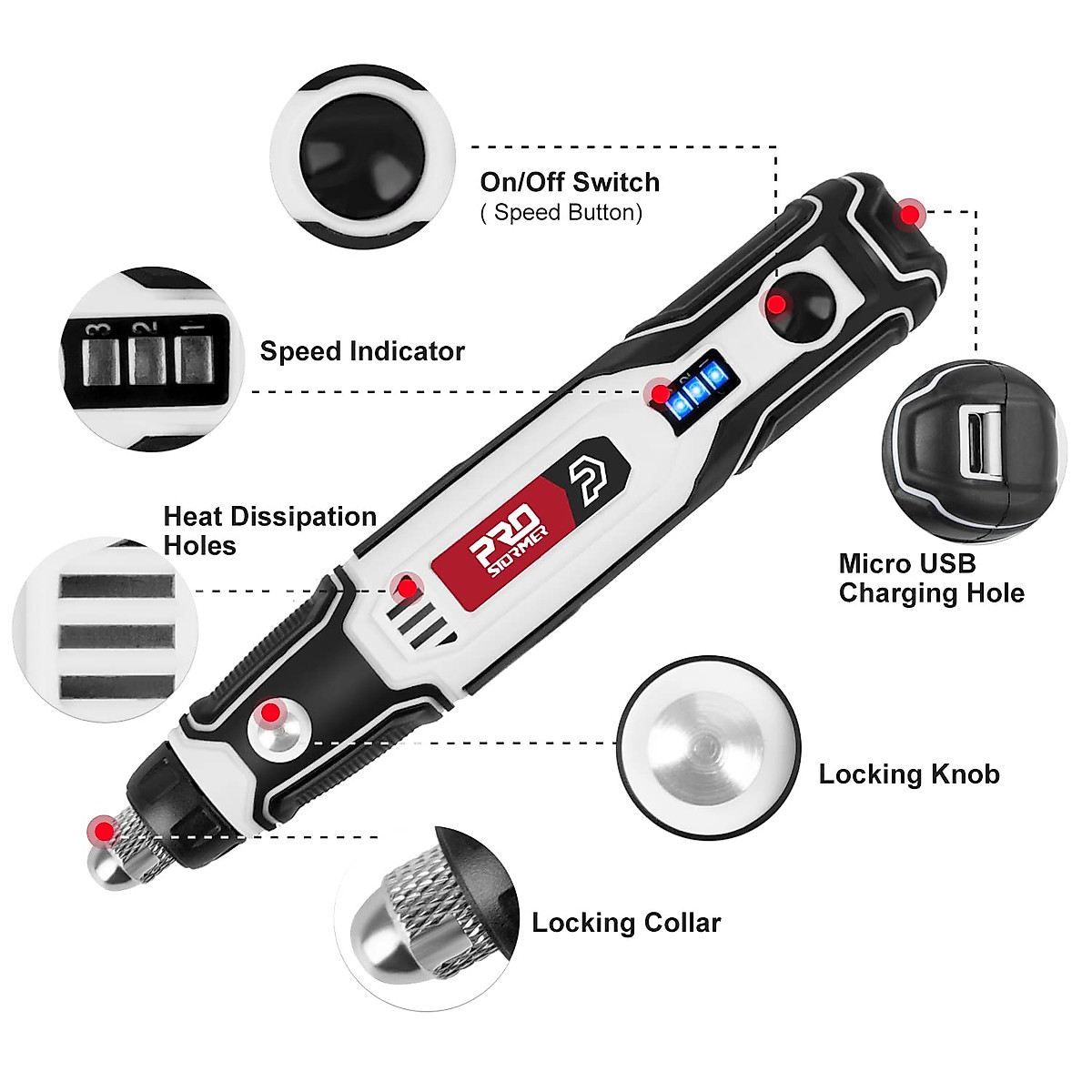 Prostormer Mini Cordless Rotary Tool, 3.7V USB Grinder with 3 Variable Speeds and 50pcs Accessories Kit for Sanding, Polishing, Cutting, Carving and Engraving
