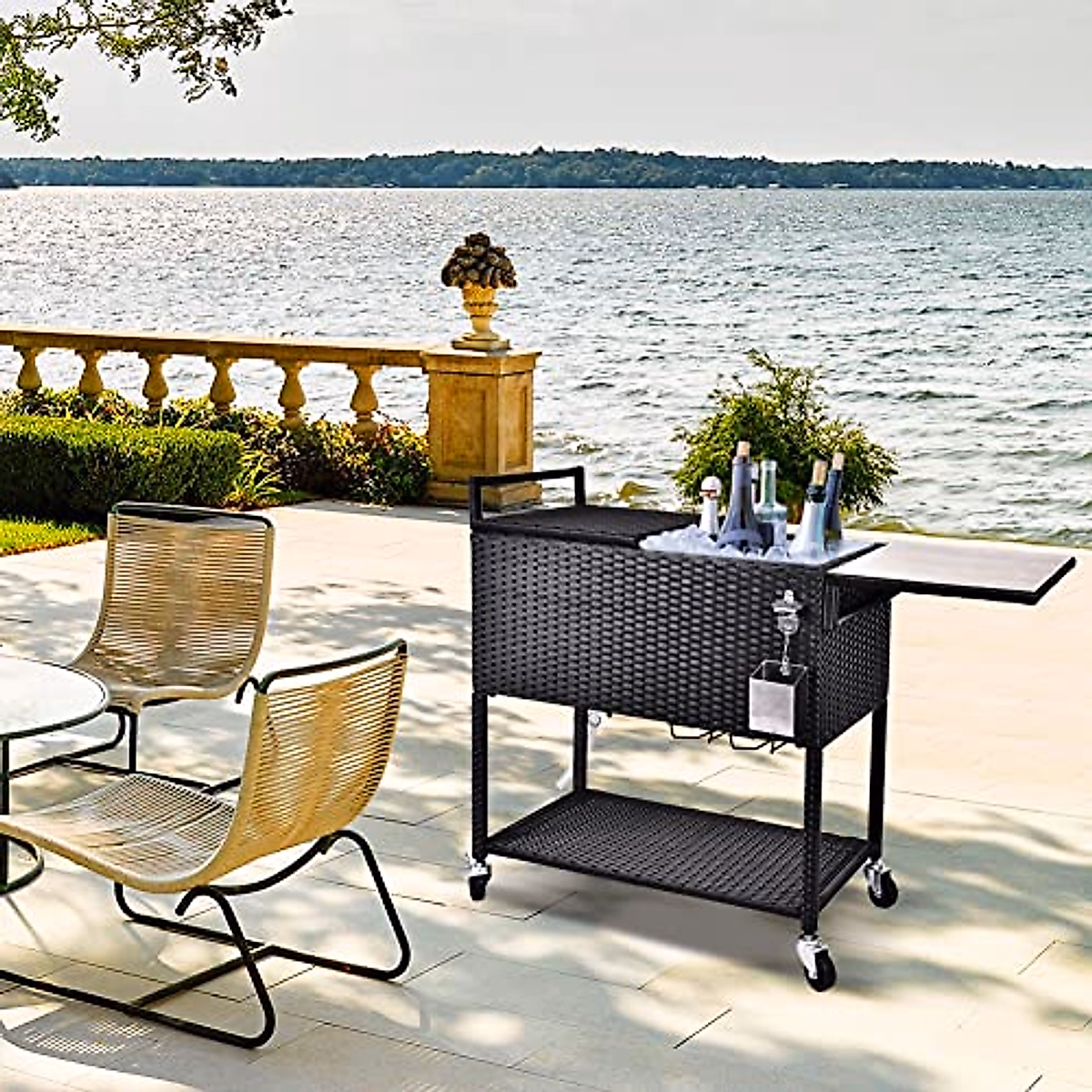 LEISU Rolling Wicker Cooler Cart Outdoors, 80 Quart Ice Chest with Bottle Opener, Portable Beverage Bar for Patio Pool Party, Rattan Cooler Trolley with Stainless Cutting Board and Waterproof Cover