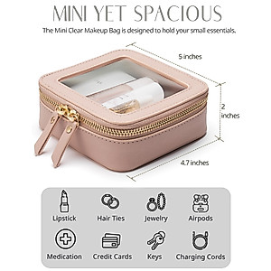 Small Makeup Bag for Purse Mini Cosmetic Bag Clear Pink Square Pouch for School Cute Leather Make Up Case Travel Organizer for Backpack Tiny Toiletry Bag with Zipper for Car Essentials Women Girls