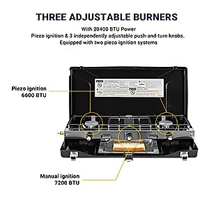 FineFlame Camping Propane Stove 3 Burners 20400 BTU Portable Camp Stove Propane Grill AGA CSA Certified Gas Stove for Family Camping BBQ Outdoors