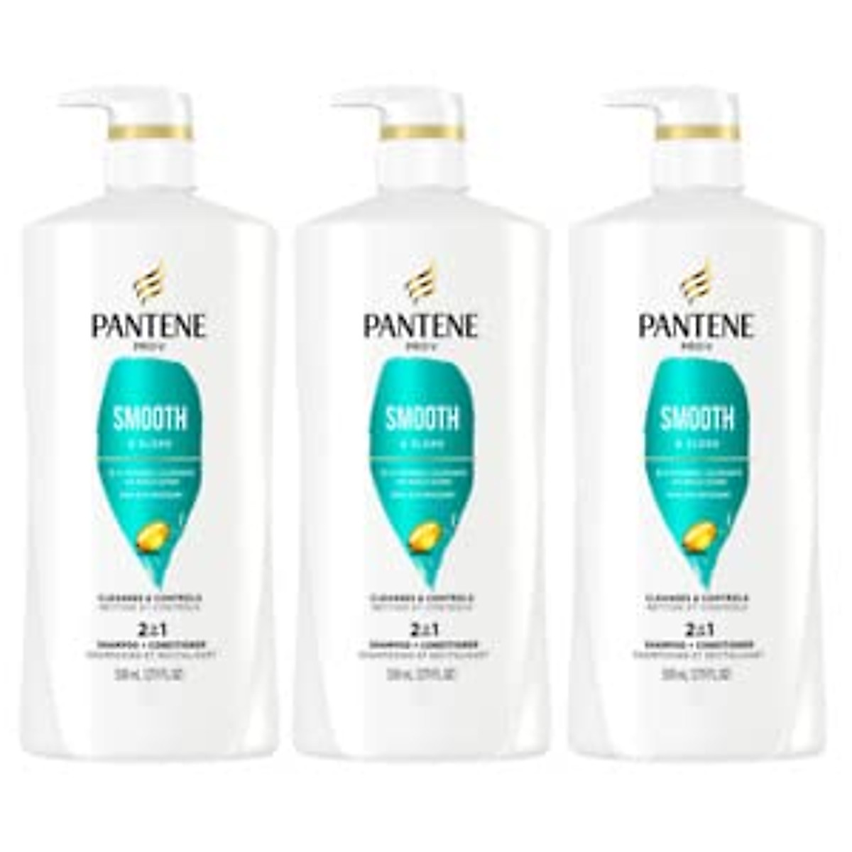 Pantene Pro-V Smooth & Sleek 2 in 1 Shampoo & Conditioner,17.9 fl oz Pump Bottle (Pack of 3)
