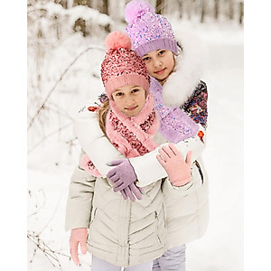 Liitrsh 2 Sets Girl's Winter Knit Hat Scarf Gloves Set Warm Fleece Lined Pom Pom Hat Scarf Gloves for Teens Pink Purple