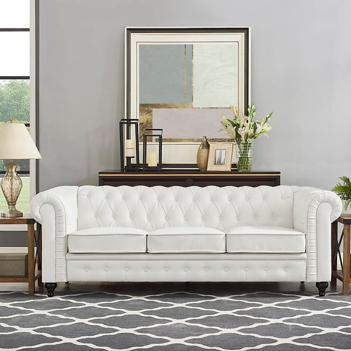 Naomi Home Emery Chesterfield Sofa with Rolled Arms, Tufted Cushions / 3 Seater Sectional Sofa Couch for Small Spaces, Living Room, Bedroom, Apartment Easy Tool-Free Assembly - White, Air Leather