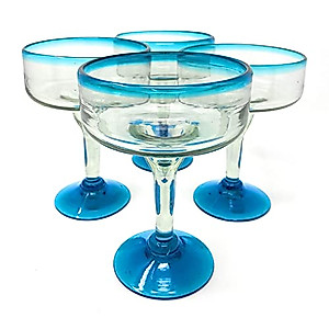 Mexican Hand Blown Glass – Set of 4 Hand Blown Margarita Glasses (16 oz) with Aqua Blue Rims