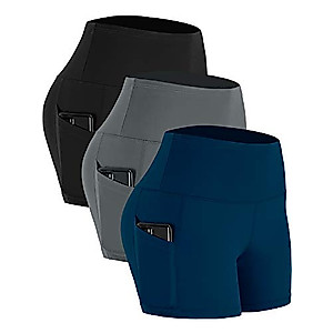 CADMUS Women's High Waist Yoga Shorts Spandex Running Side Pockets, 16#, Navy & Grey & Black,Medium
