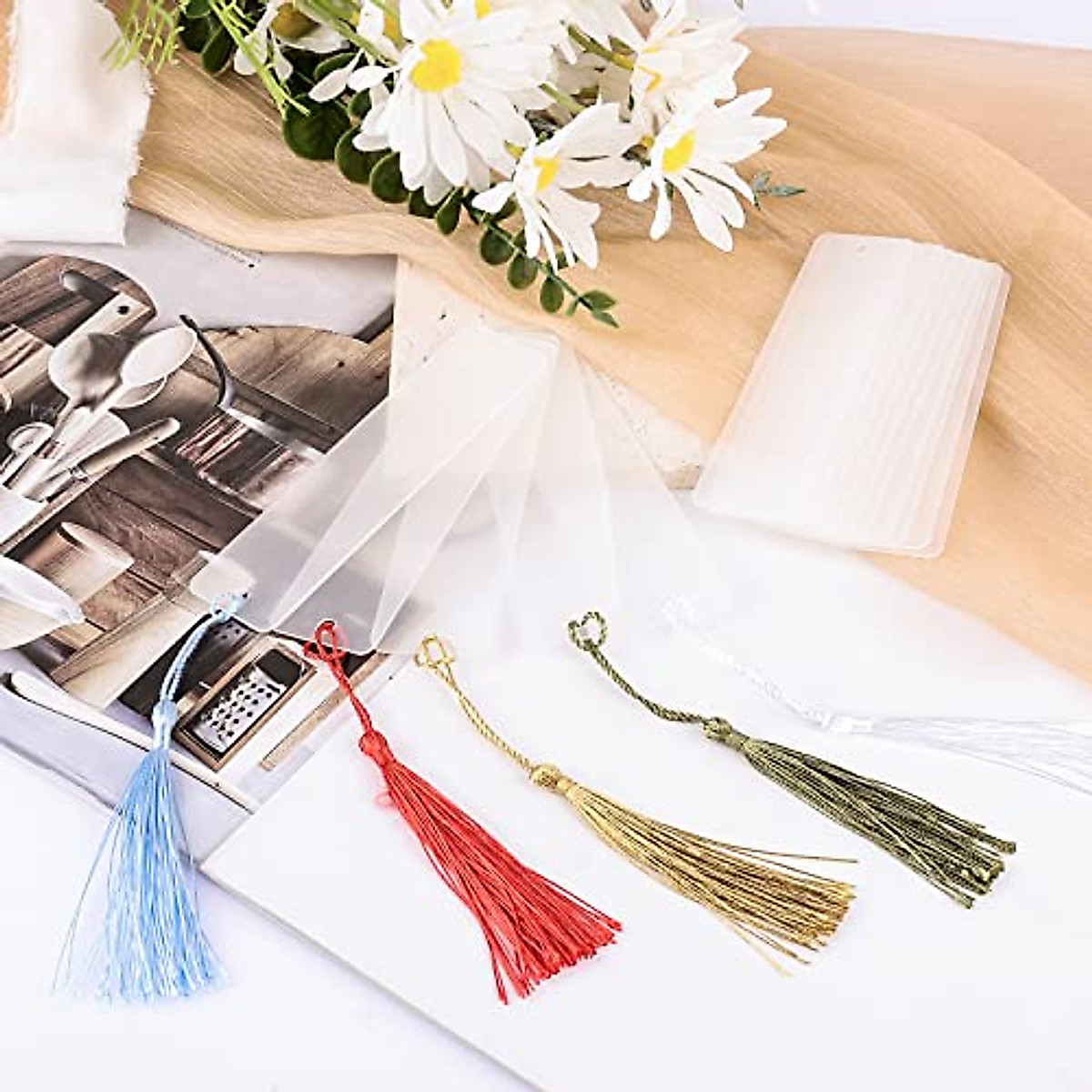 SAVITA 15pcs Acrylic Bookmark, Plastic Transparent Bookmark, Clear Bookmark Blank Bookmarks Crafts with Tassels Hemp Rope for DIY Project Decoration (5 Colors)