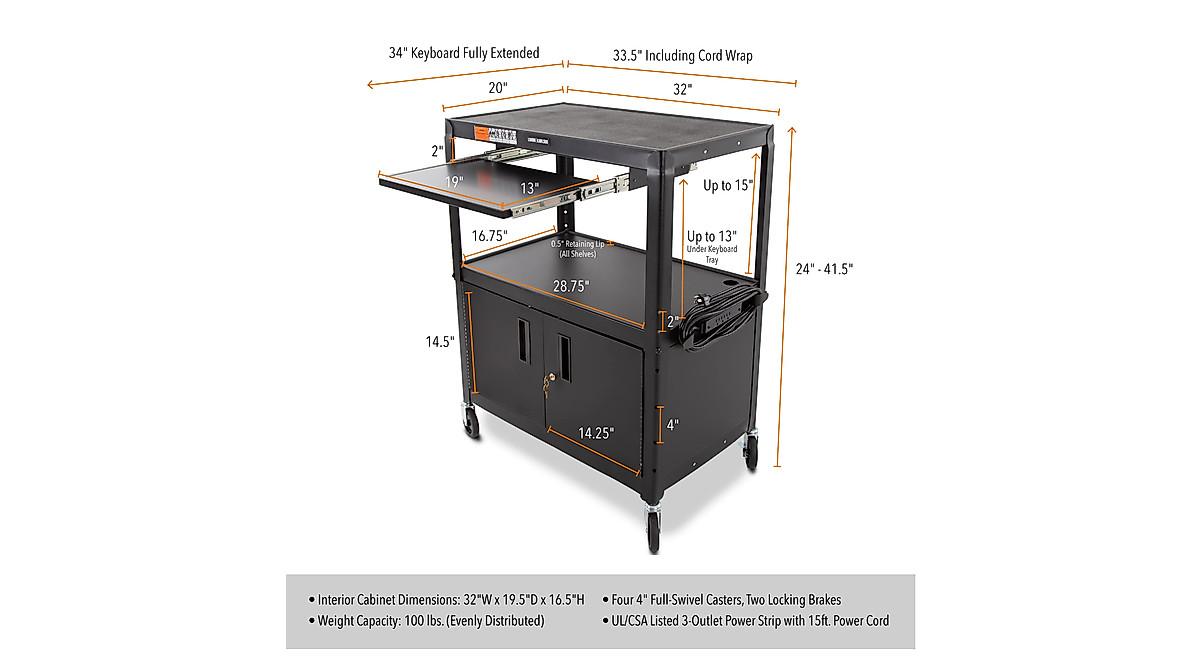 Line Leader Wide AV Cart with Locking Cabinet & Adjustable Height