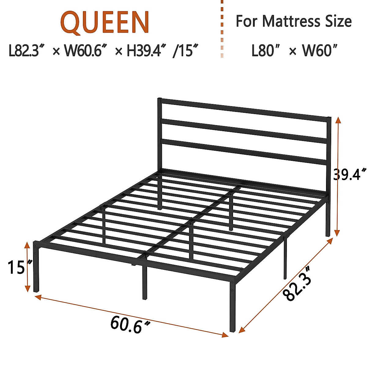 Closadin Queen Size Platform Bed Frame with Headboard,Sturdy Heavy Duty Metal Slats Support for Mattress,No Box Spring Needed,Easy to Assemble,Black