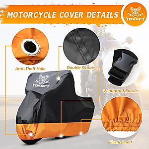 Tokept Motorcycle Cover, All-Season Waterproof Outdoor Sun Protection Fit up to 91 Inch Harley-Davidson Honda Suzuki Kawasaki Yamaha (L Black&Orange)