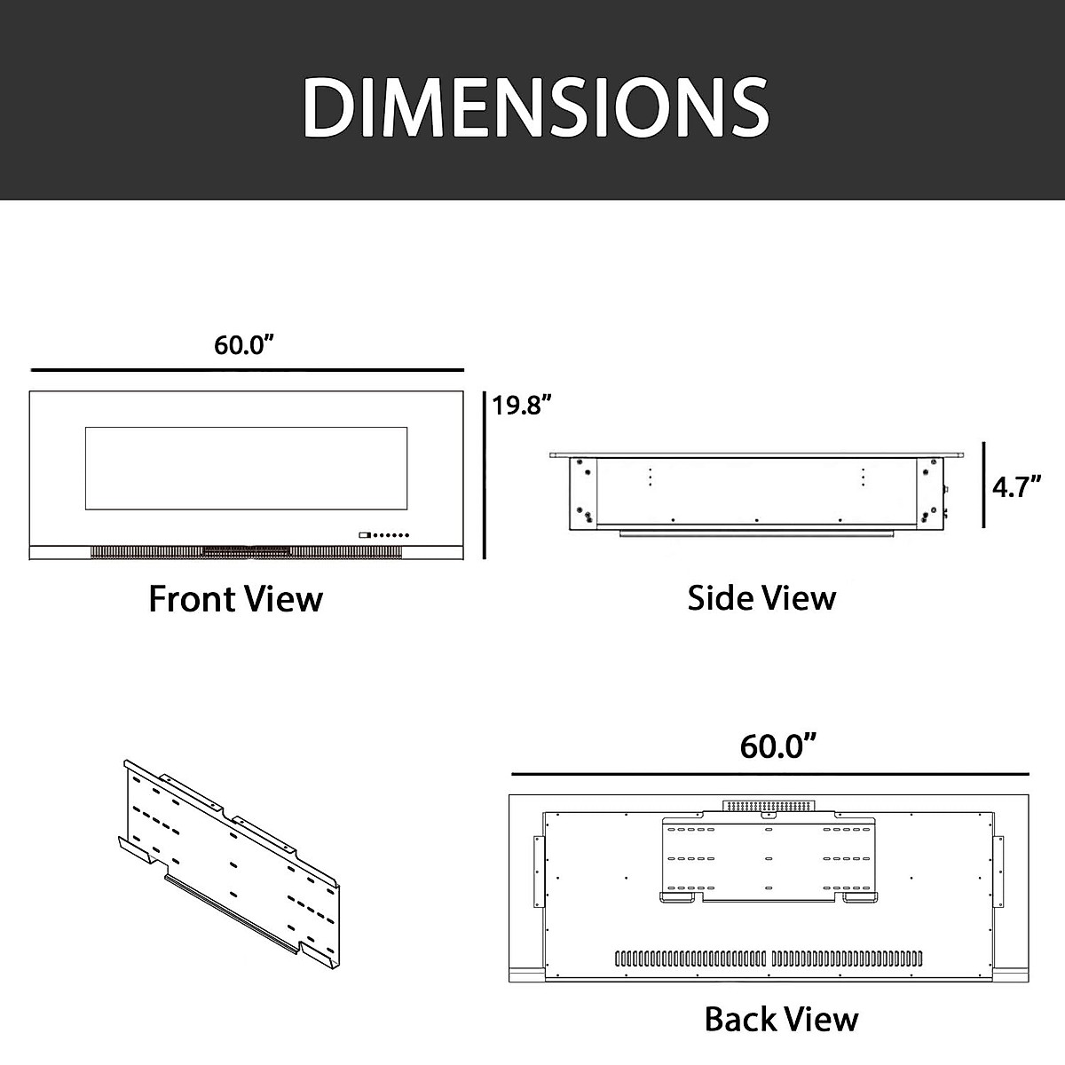 Hanover Fireside 60'' Wall Mounted Electric Fireplace with Crystal Rock Display and LED Multi-Color Realistic Flame, Modern Wall Fireplace Heater for Home and Office with Remote Control in Black