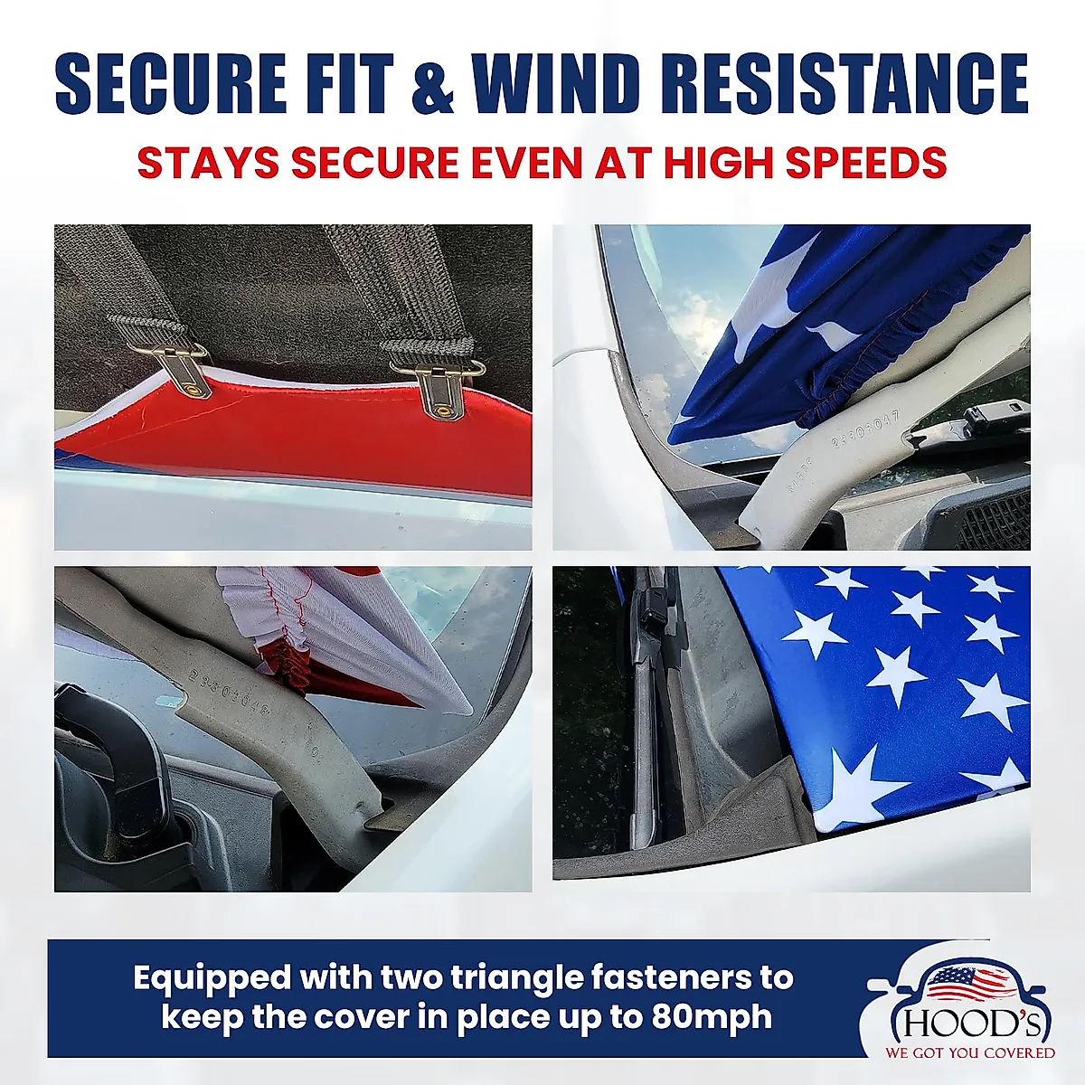 Hood's Flags] American Flag Car Hood Cover 63"x47" (120x160cm) - Universal Fit for Trucks, Car, SUV, or Van. Polyester Spandex Material, Weather-Resistant with Secure Fasteners