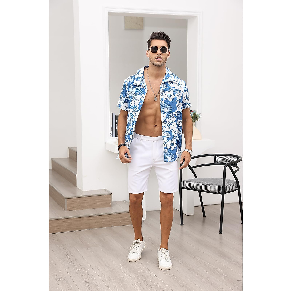 Men's Novelty Hawaiian Floral Shirt Summer Casual Button Down Tropical Holiday Beach Shirts Blue