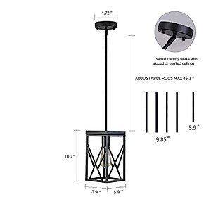 Modern Black Pendant Light with Metal Cage, One-Light Adjustable Rods Industrial Mini Pendant Lighting Fixture for Kitchen Island Cafe Bar Farmhouse, Black