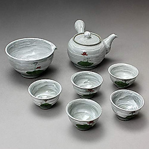 Korean Style Buncheong Porcelain Lotus Flower Tea Ceremony Complete Service Gift Set Ceramic Pottery 11.8 oz (350ml) Side Handle Tea Pot Cups Saucers Teapot Pitcher Bowl for Cooling Hot Water