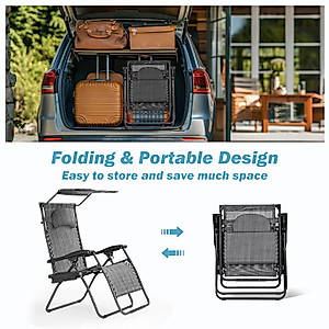 Goplus Zero Gravity Chairs, X-Large Folding Lounge Lawn Chair w/Canopy Shade & Cup Holder, Adjustable Folding Patio Recliner for Pool Porch Deck Oversize (Grey)