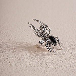 Jumwrit Spider Ring for Women Vintage Knuckle Ring Black Rhinestone Finger Ring Silver Extra Big Spider Ring Daily Festival Accessory for Girl