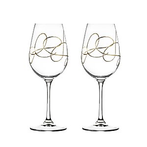 Barski Wine Glass, Goblet, Crystal Glass, Set of 2 Glasses, with Gold String Design, Made in Europe, 14 oz.