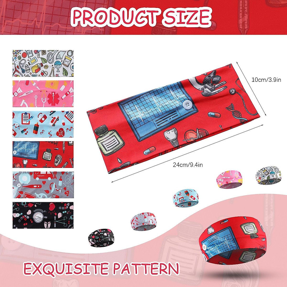 6 Pieces Button Headbands Non Slip Nurse Headbands Stretchy Headwraps Nonslip Yoga Sweatbands with Ear Protection Holder Elastic Headscarves for Yoga, Running, and Exercise, 6 Styles (Cute Pattern)